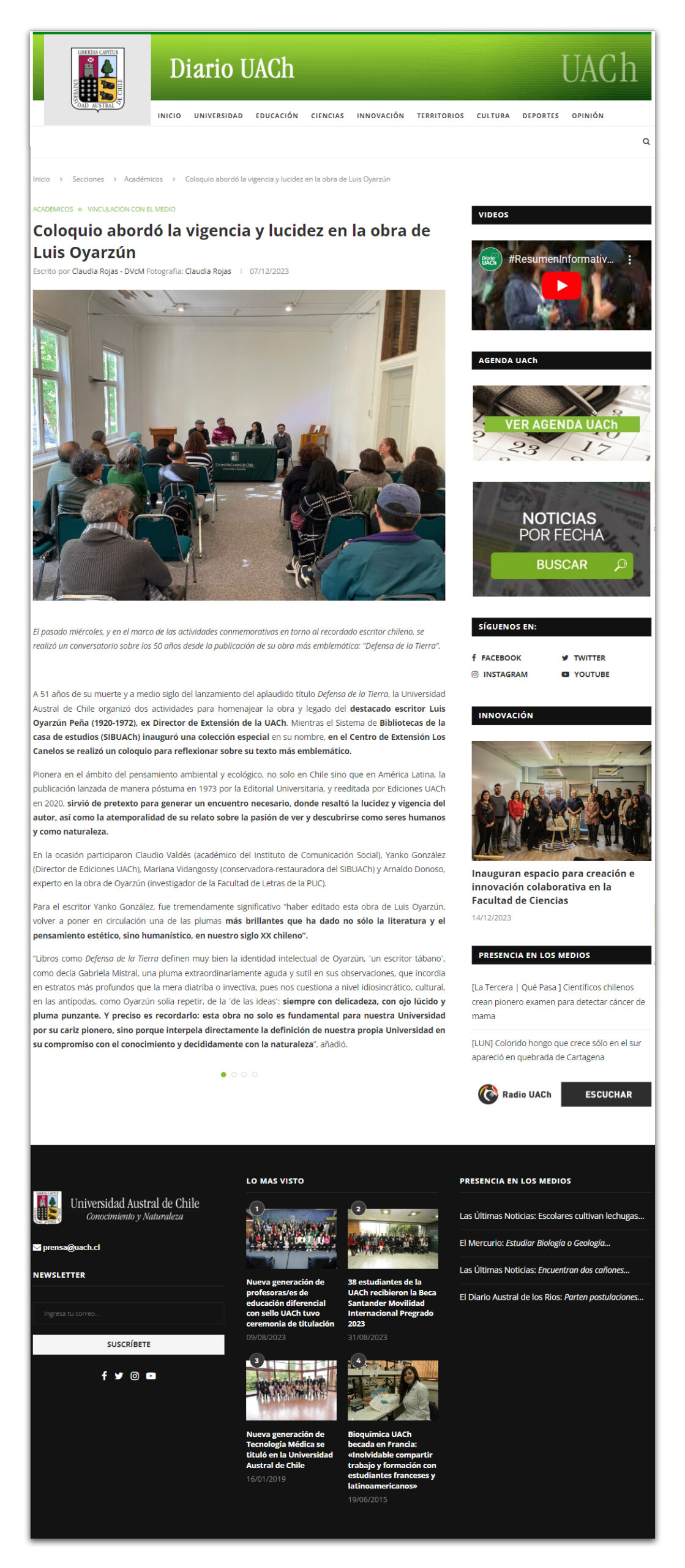 En Medios: “Coloquio abordó la vigencia y lucidez en la obra de Luis Oyarzún”. Diario UACh. 7-12 ...